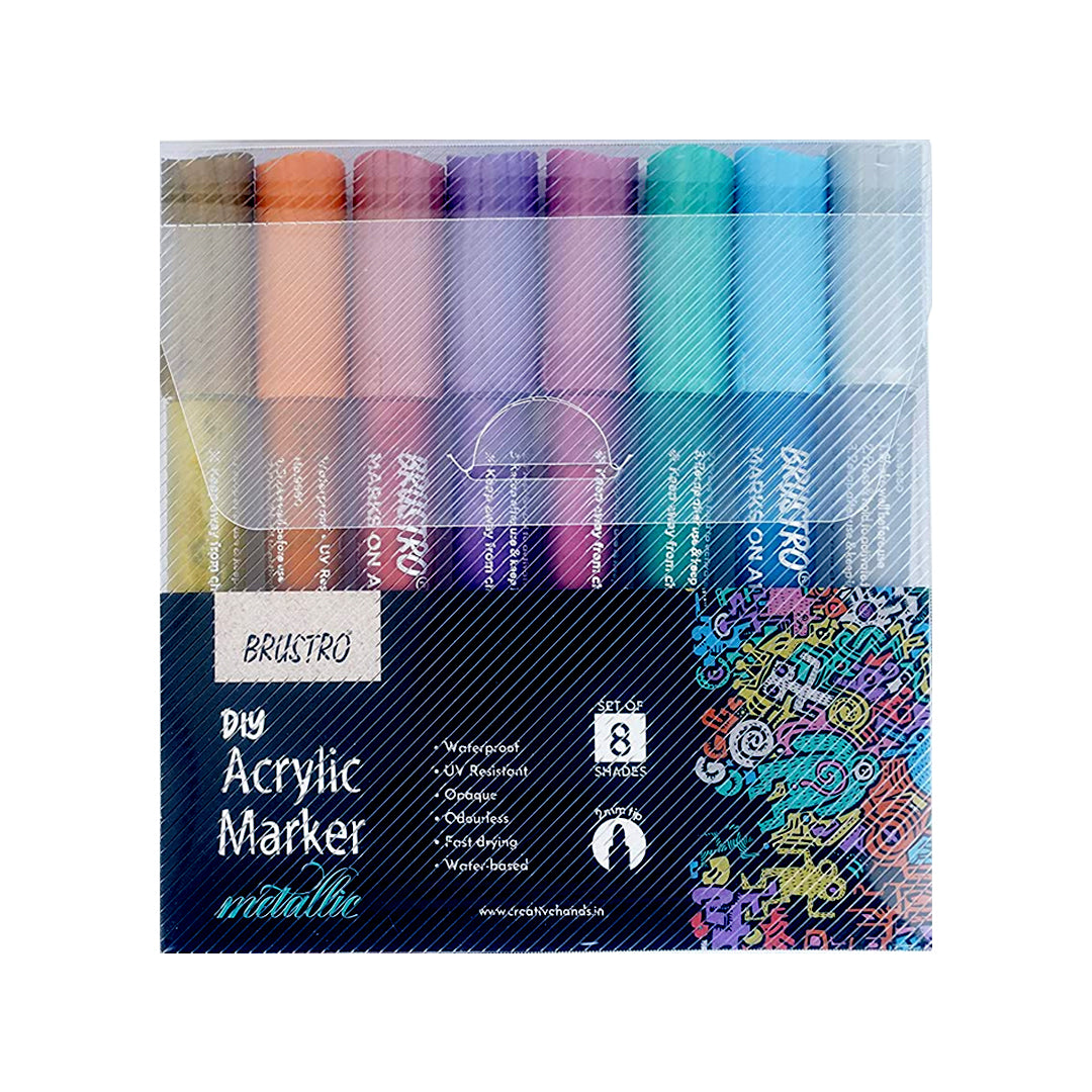 Brustro Acrylic DIY Marker Set of 8 Metallic Shades with 2mm Bullet Tip ...